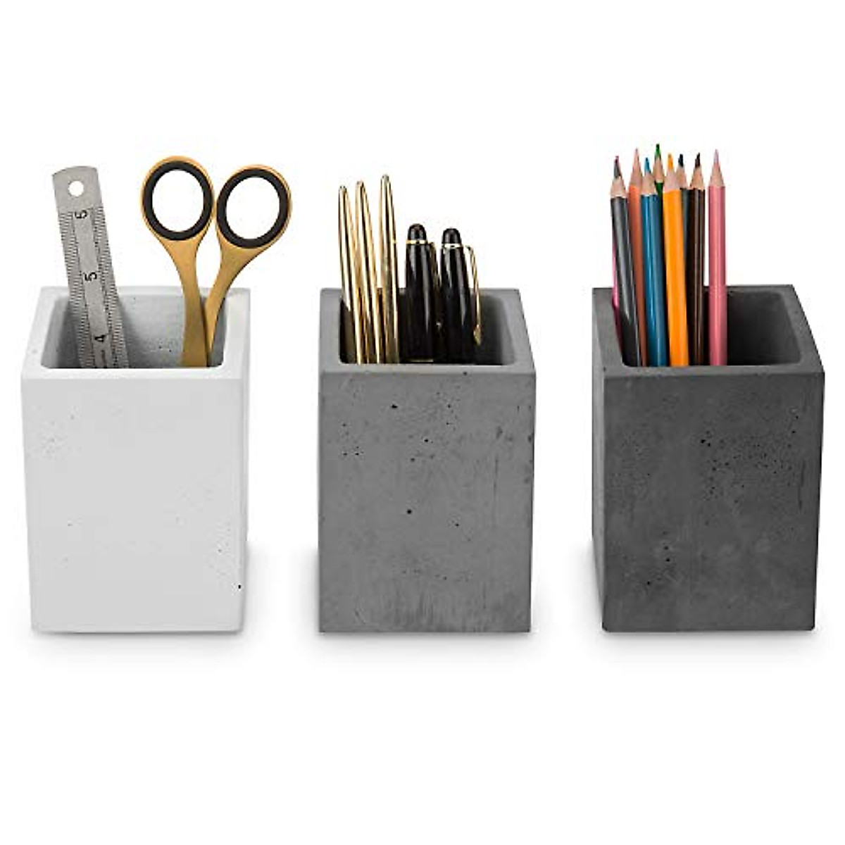 MyGift Modern Gray-Tone Concrete Desktop Pencil Holder Cup and Pen Holder, Office Stationery Organizer, Set of 3