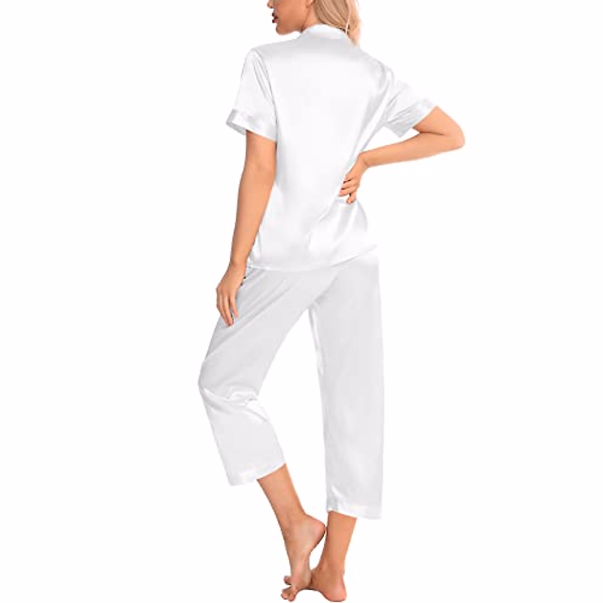 SWOMOG Women Satin Pajama Set Short Sleeve Sleepwear Capri Silk Pjs Set 2 Piece Loungewear Button Down Nightwear with Pockets