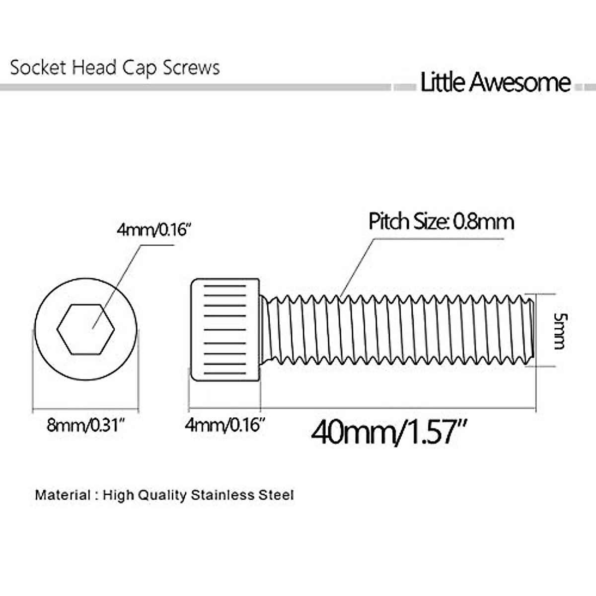 L-A 0.8mm Pitch M5x40mm Stainless Steel Hex Socket Head Cap Screws Bolts （25Pcs）