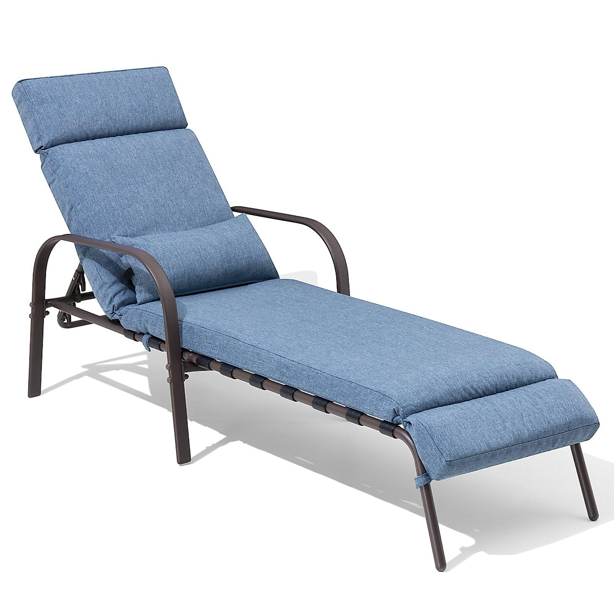 Crestlive Products Adjustable Chaise Lounge Chair with Cushion & Pillow, Outdoor Five-Position Recliner, All Weather for Patio, Beach, Yard, Pool (1PC Dark Blue)