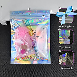 Trunple 100 Pcs Holographic Resealable Packaging Bags for Small Business Supplies, Cute Small Plastic Color Smell Proof Ziplock Foil Pouch Baggies for Lip Gloss Soap Party Food Storage (4x6 inch)