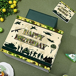 Camouflage Birthday Gift Bag Army Party Supplies Gift Bag with Wrapping Paper and Card Large Camouflage Christmas Birthday Party Wrapping Paper Bag with Handle Army Camo Party Decorations for Boy Girl