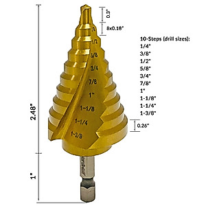 NordWolf HSS Titanium Step Drill Bit, Spiral Groove Double Flute Multiple Hole Unibit for Sheet Metal, 10 SAE Step Sizes 1/4" to 1-3/8"