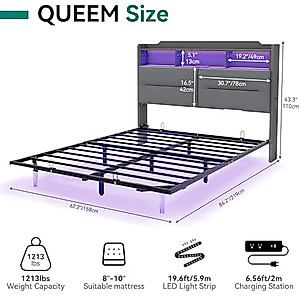 YITAHOME Queen Size Floating Bed Frame, Upholstered Platform Bed with Hidden Storage Headboard, RGB Bed Frame with USB-C/A Charging Station, No Box Spring Needed, Gray