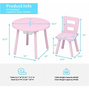 cuoote Kids Table and Chair Set, Wood Kids Table and 2 Chair Set, Round Toddler Table with Center mesh Storage, for Boys and Girls (Pale Pink)