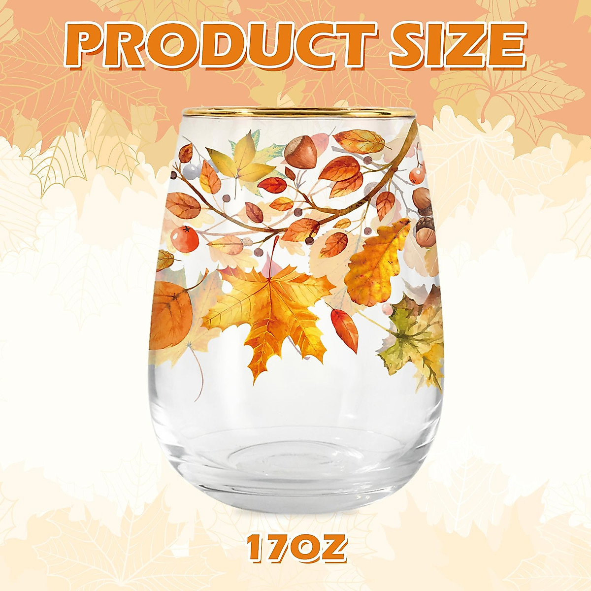 Whaline 2Pcs Fall Stemless Wine Glasses 17oz Maple Leaf Drinking Glasses with Gold Rim Autumn Leaves Tumbler Cups for Party Supplies Gifts