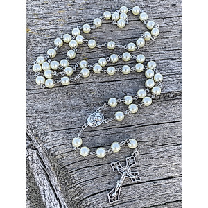 Nazareth Store Pearl Cream Beads Rosary Necklace Holy Soil Medal and Cross Catholic Rosaries for Women, Men