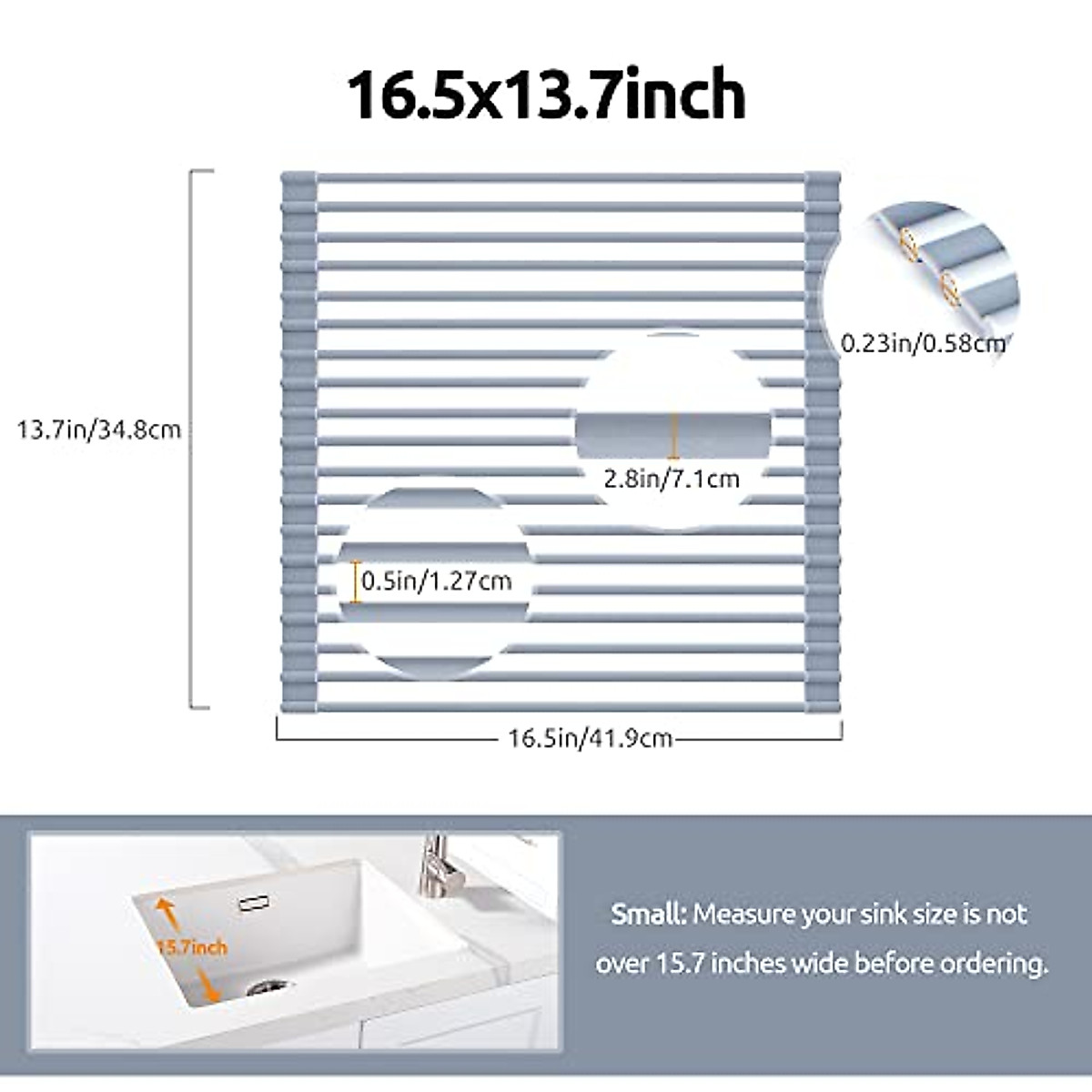 U-Taste Roll Up Dish Drying Rack 16.5 by 13.7 Inches, Over The Sink Foldable Multipurpose Silicone Dish Drainer Warm Gray, Small