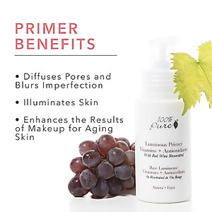 100% PURE Luminous Face Primer Illuminating Makeup Base & Moisturizer with Anti-Aging Antioxidants - Glowy Long-Lasting & Pore Diminishing Cosmetics Prep, Flawless Soothing Hydration - 1 oz