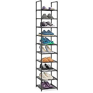 10 Tiers Shoe Rack Narrow Tall Shoe Shelf for Entryway Holds 10 Pairs Shoes, Space Saving Vertical Single Pairs Shoe Storage Organizer for Closet Bedroom Hallway (Black)