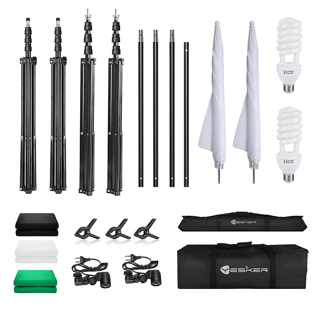 Yesker Photography Lighting Umbrella Kit, 6x9ft Muslin Backdrop (White/Black/Green Screen Kit), 8.5x10ft Background Support System Continuous Lights Umbrella Equipment for Portrait Photo Video Studio