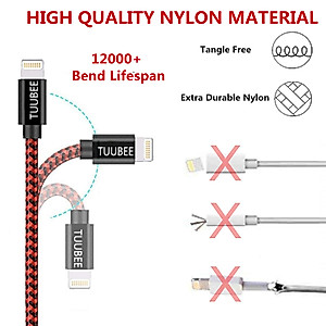 iPhone Charging Cable, 3 Pack 10FT TUUBEE Durable iPhone Charger Cable Nylon Braided Lightning Cord Fast Charging & Syncing iPhone Chargers Compatible iPhone XS/Max/XR/X/8P/8/7/6/iPad(Red&Black)