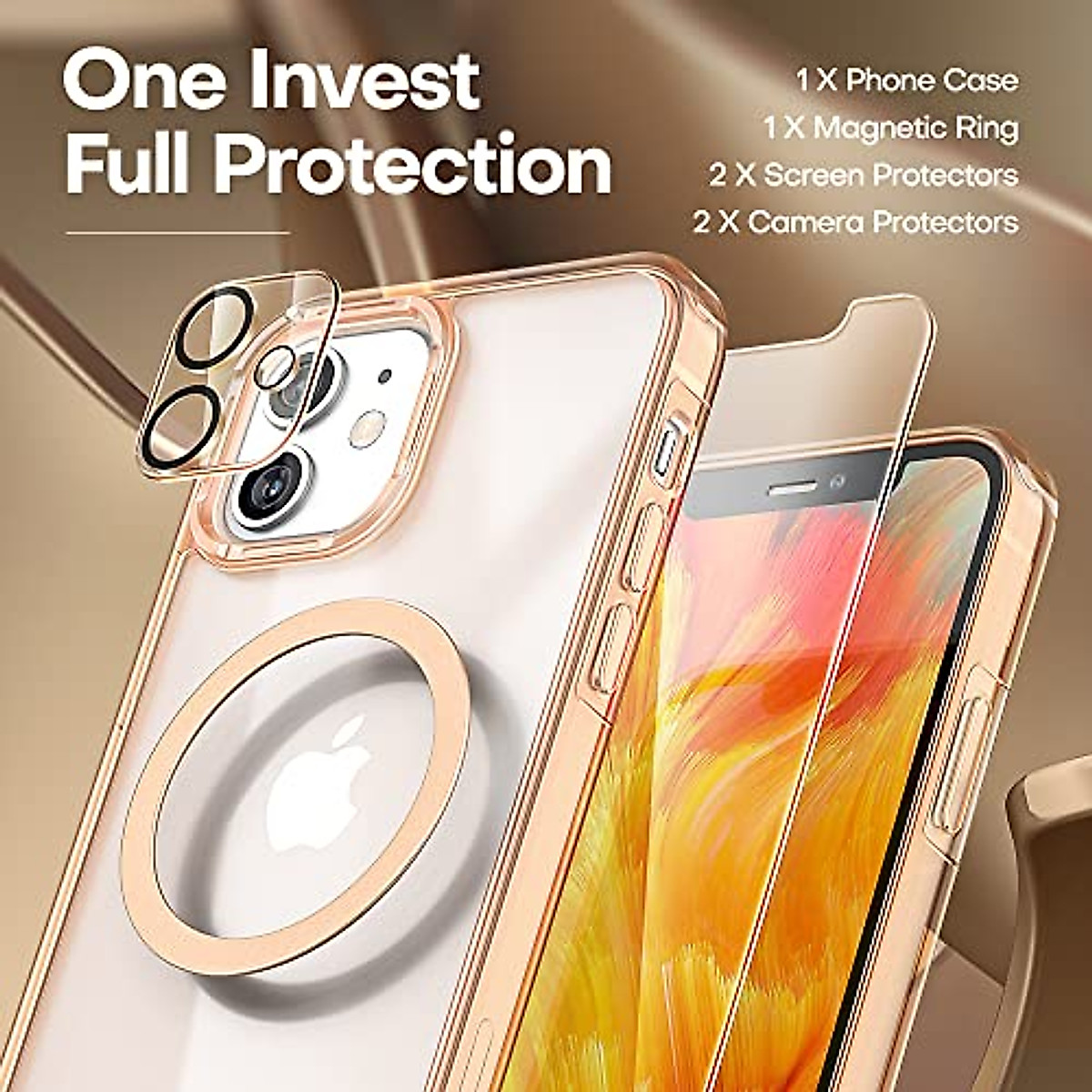 TAURI [5 in 1 for iPhone 12 Case, Non-Yellowing, with 2 Tempered Glass Screen Protectors + 2 Camera Lens Protectors, Shockproof Slim Phone Case iPhone 12, Drop Protection Rose Gold