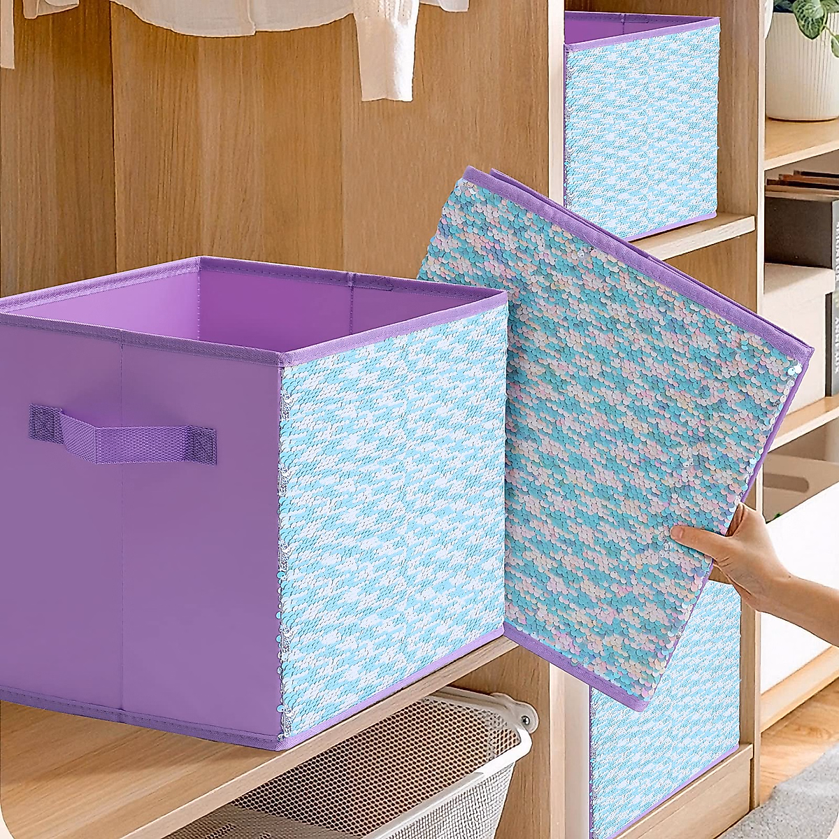 ELUCHANG Foldable Sequin Storage Basket Bin Closet Cubes Kids Toys Organizer Boxes, Collapsible Fabric Cubby Storage Bins for Girls,Organizing,Babies,Nursery,Shelves 11x11x11 (Purple,4PCS)