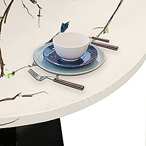 Little Birds Round Tablecloths Bird on Branches Tablecloths for Circular Tables Round Fitted Polyester Tablecover with Elastic for Kitchen/Dining/Party Indoor and Outdoor Use Machine Washable 36"- 42"