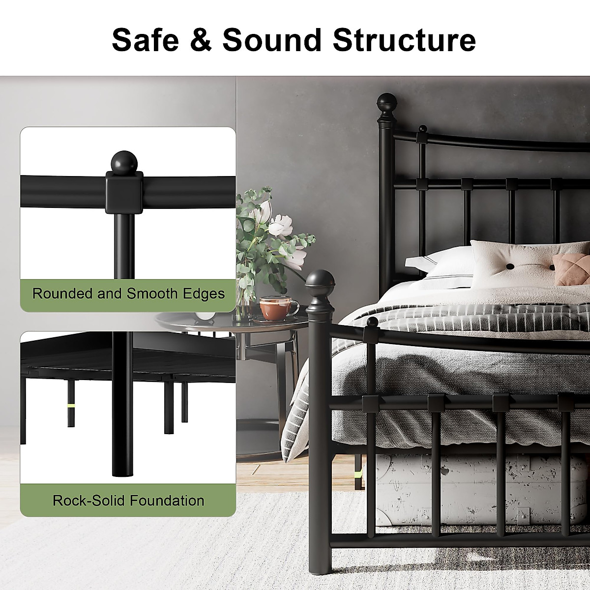 Feonase Queen Size Metal Bed Frame with Modern Iron-Art Headboard & Footboard, Platform Bed Frame with 12" Storage Space, Hardened Steel Slats, No Box Spring Needed, Black