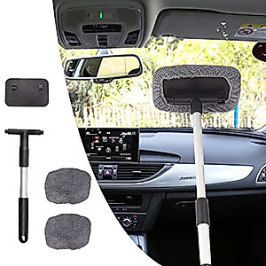Pincuttee Car Windshield Cleaner Tool,Microfiber Car Window Cleaning Tool with Extendable Handle and Washable Reusable Cloth Pad,Auto Inside Glass Wiper Kit(Gray,1PC)