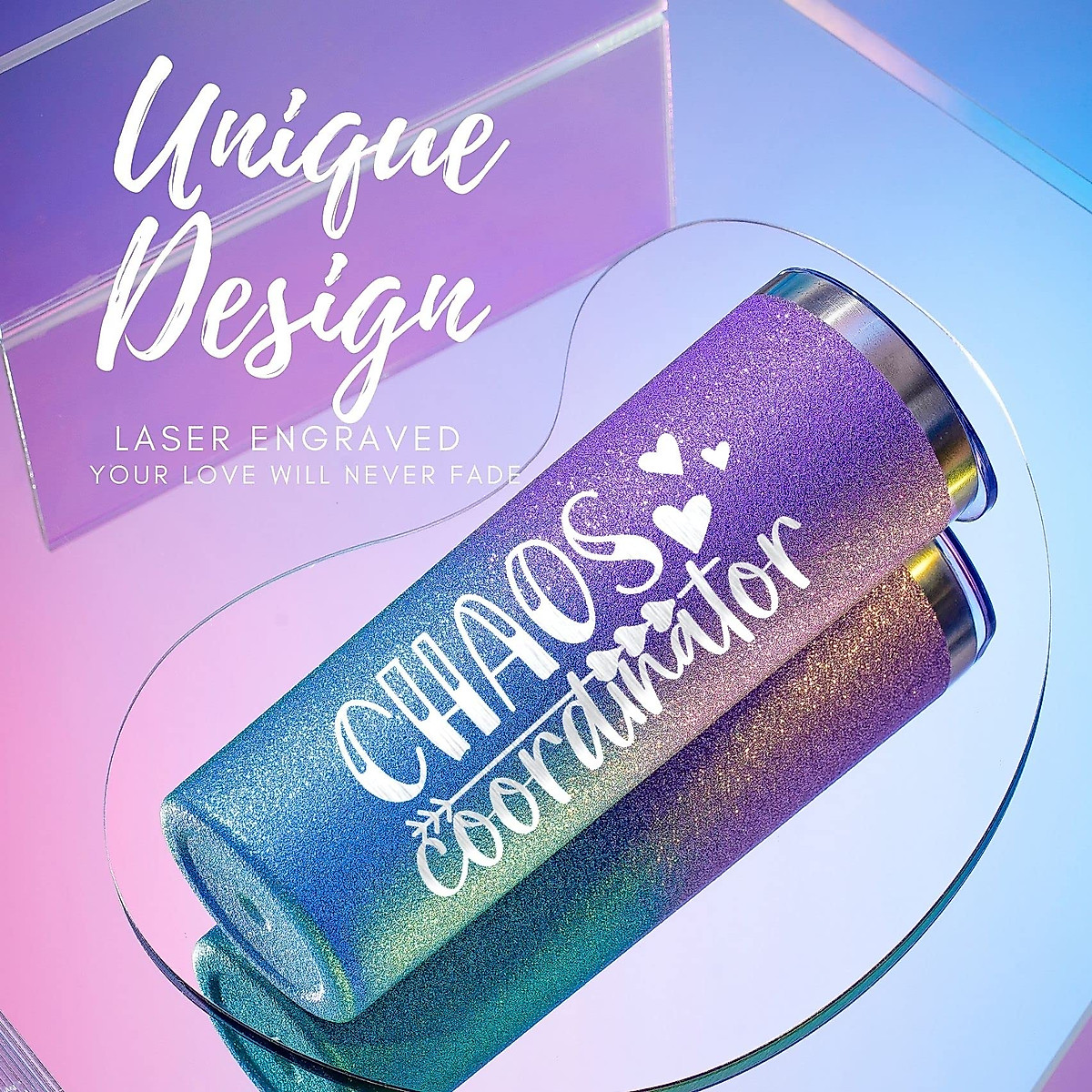 Onebttl Boss Lady Gifts for Women, Chaos Coordinator Tumbler for Boss, Secretary, Manager, Coworkers, Stainless Steel Skinny Tumbler 20oz with Lid and Straw, Glitter Blue & Purple