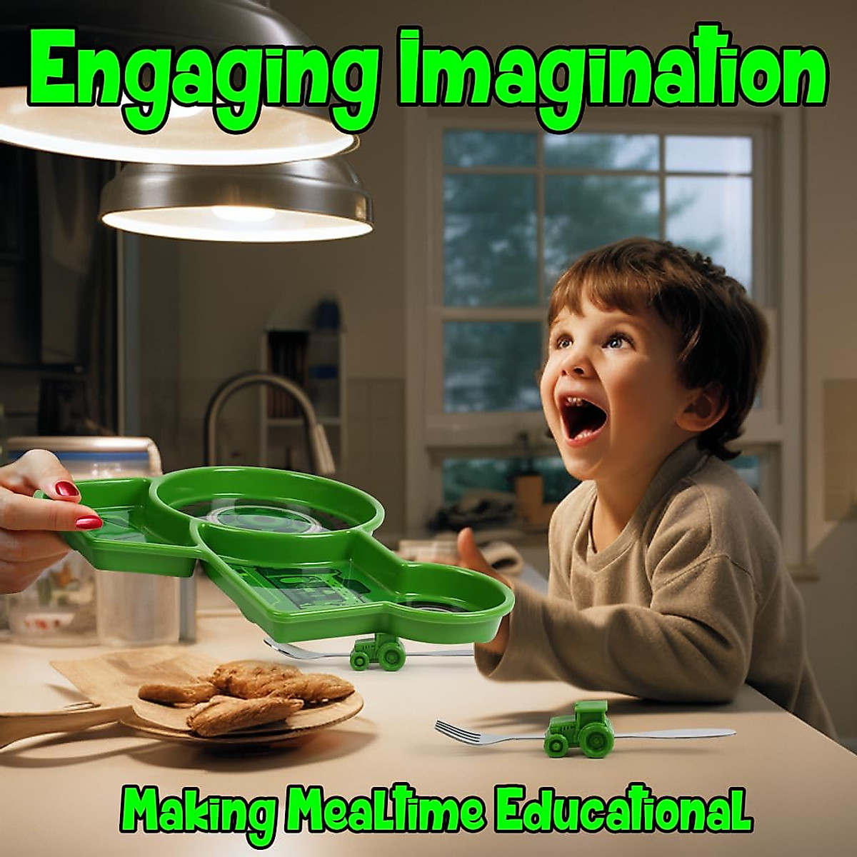 Funwares Green Tractor Engaging Kids' Dinnerware Set: Durable, Divided Plate, Fun Fork and Spoon, Ideal for Picky Eaters, Educational Mealtime, Easy Cleaning, Gift for Toddlers