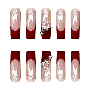 LLAOIMB French Square False Nails, 24pcs Red Acrylic Press on Nails with Star Designs, Full Cover Glossy Glue on Nails for Women