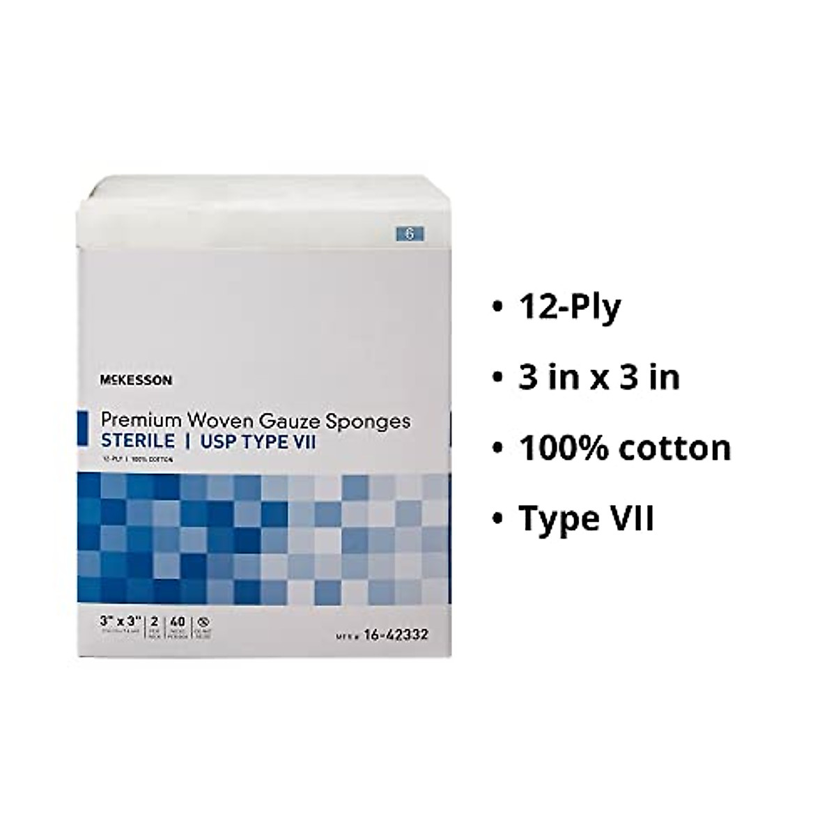 McKesson Premium Woven Gauze Sponges, Sterile, 12-Ply, USP Type VII, 100% Cotton, 3 in x 3 in, 2 Per Pack, 40 Packs, 80 Total