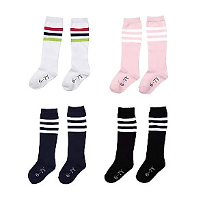 Snadulor 6-7 Years Old Kids Girls Boys Cotton Over Knee High Soccer Sports Team Socks,4 Pairs