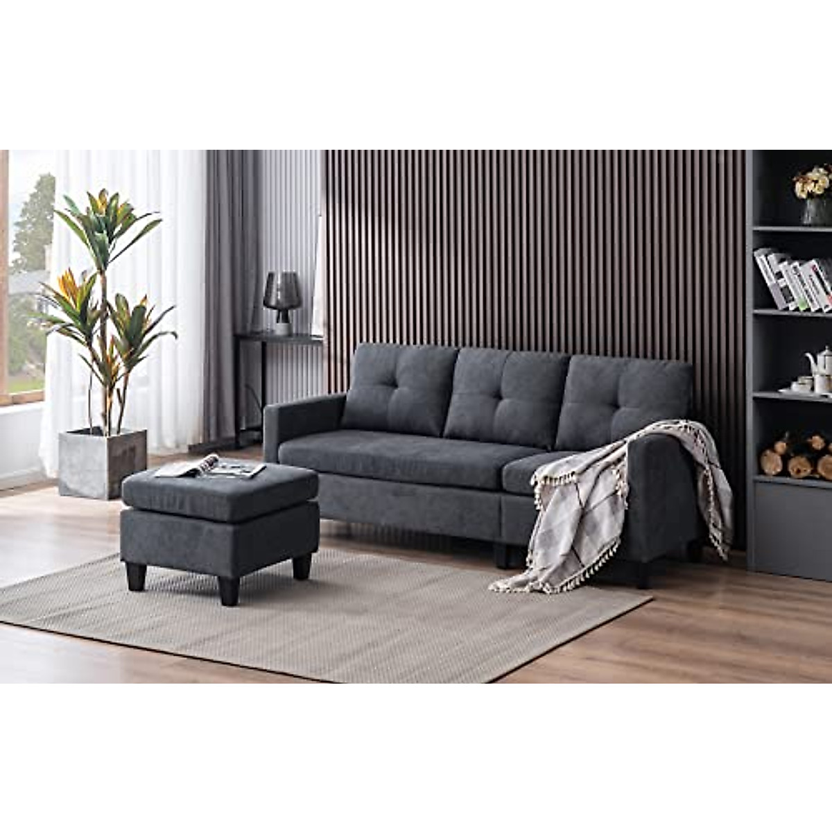 Devion Furniture Enzo Linen Sectional Sofa, Dark Gray