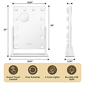 Kotdning Large Vanity Mirror with Lights, Hollywood Lighted Makeup Mirror with 12 Dimmable LED Bulbs for Dressing Room & Bedroom, Detachable 10x Magnification 360°Ratation