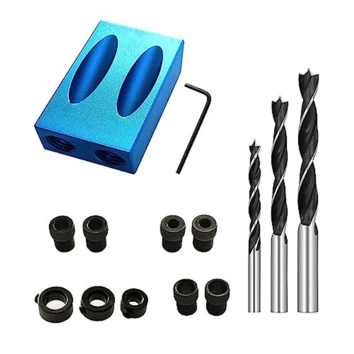 INDPROD 15pcs Pocket Hole Jig Kit-15 Degree Woodworking Inclined Hole Jig,fits 6/8/10mm Drill Bits,Angle Carpentry Locator Jig,Dowel Joints,Pocket Jig Tool with Drill Bit/F Clamp/Hex Key/Stop Collar