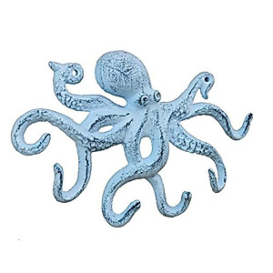 Rustic Dark Blue Whitewashed Cast Iron Octopus Hook 11 Inch - Decorative Hook - Sealife Metal Wall Hook