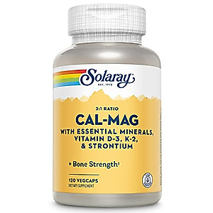 Solaray Cal-Mag with Essential Minerals | Calcium, Magnesium, Strontium, Vitamins D-3 & K-2 | 30 Serv | 120 VegCaps