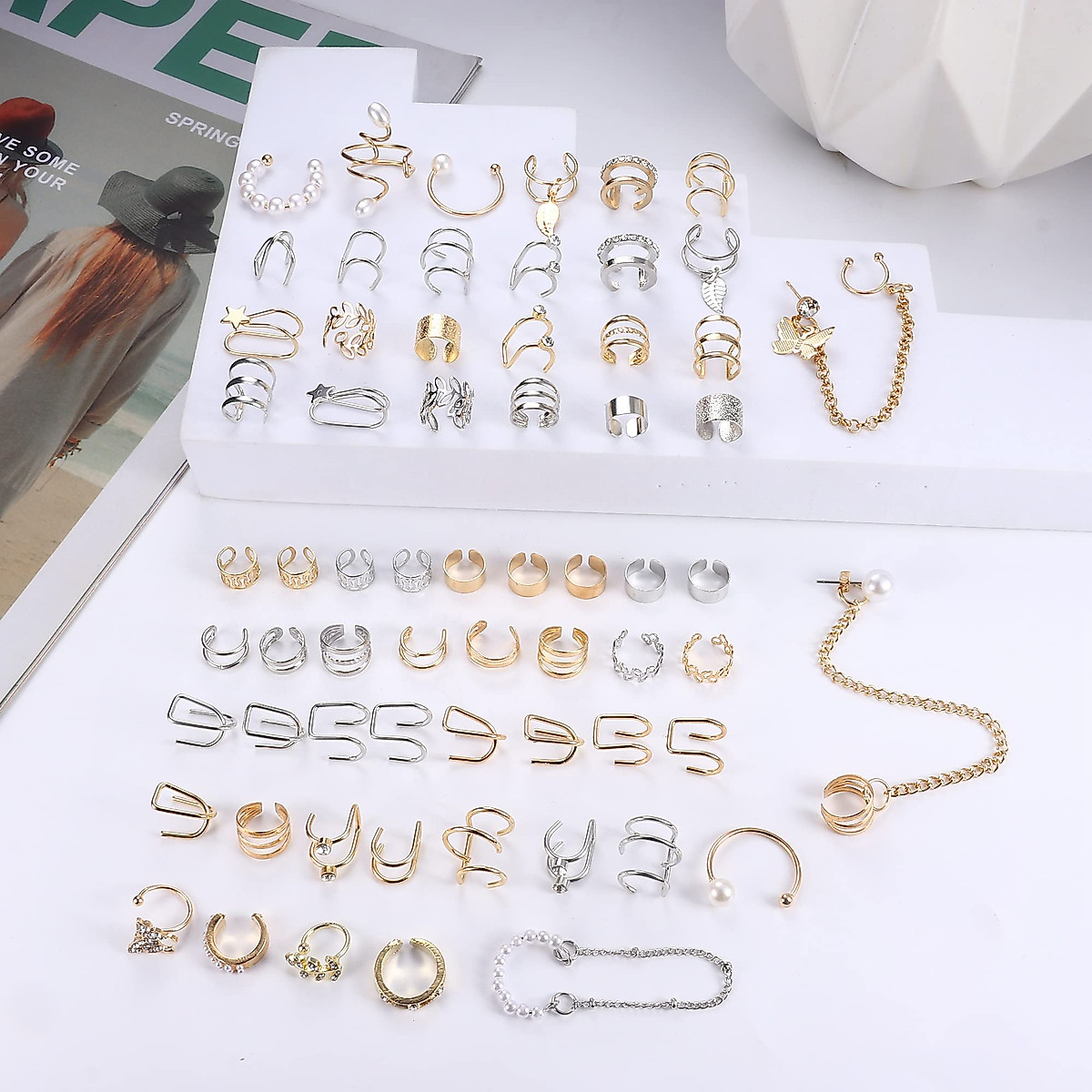 FINREZIO 64PCS Ear Cuff Earrings for Women, Non Piercing Clip On Wrap Cartilage Earrings Helix Ear Cartilage Ear Cuffs, Ear Clip Fake Earrings Adjustable