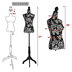 Female Mannequin Torso Dress Form Height Adjustable Pinnable Mannequin Body with Sturdy Tripod Stand for Home Decor, Jewelry & Clothing Display, White Flower