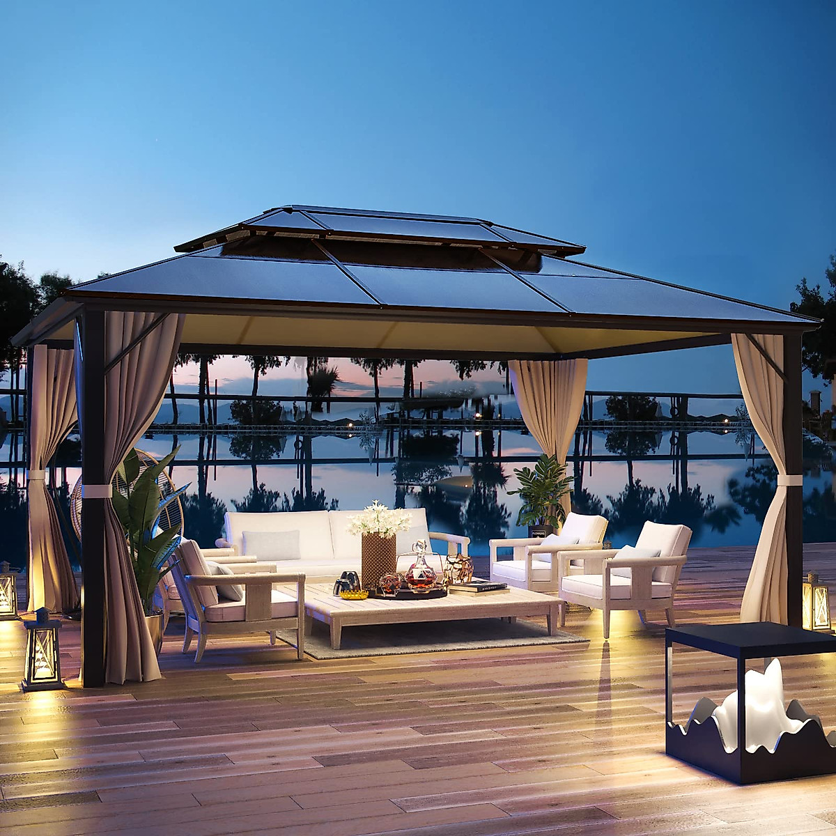 YOLENY 12'x16' Hardtop Gazebo, Outdoor Polycarbonate Double Roof Canopy, Aluminum Frame Permanent Pavilion with Curtains and Netting, Sunshade for Garden, Patio, Lawns