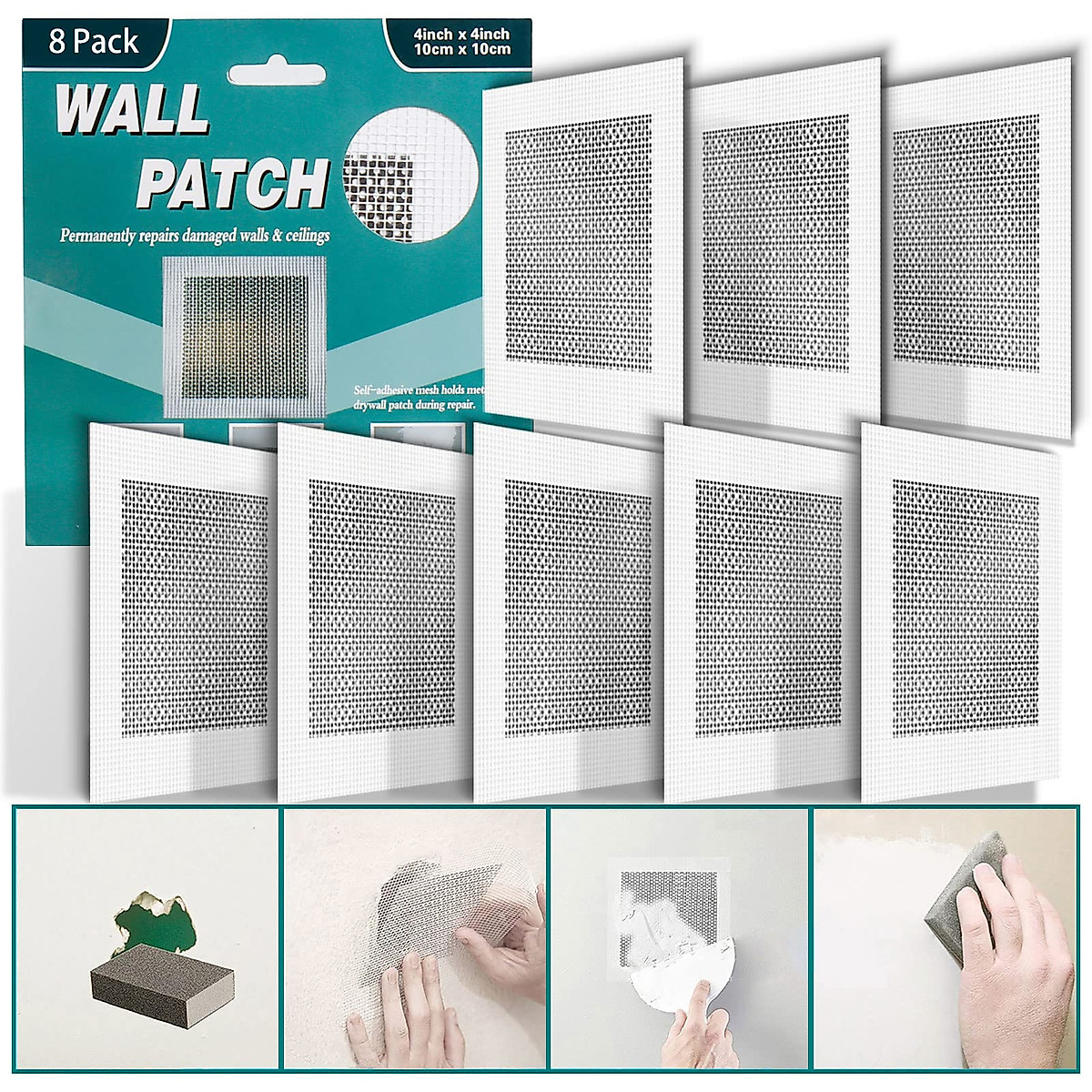 8Pcs 4 Inch Drywall Repair Kit,Wall Repair Patch Kit, Self-Adhesive Fiberglass Dry Wall Patch Kits for Aluminum Metal Sheetrock Ceiling (4"x 4")