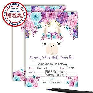 Whole Llama Fun Watercolor Floral Llama Face Birthday Party Invitations, 20 5x7 Fill In Cards with Twenty White Envelopes by AmandaCreation