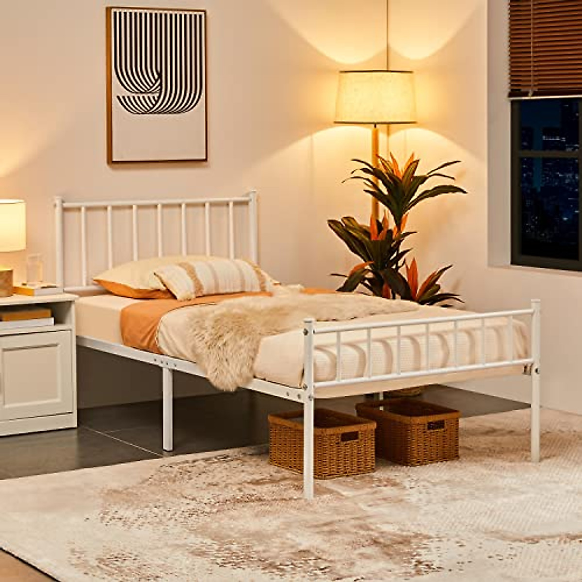 Topeakmart White Metal Twin Size Bed Frame with Headboard and Footboard, White Platform Bed Frame Twin, Heavy Duty Steel Salt Metal Bed Frame, No Box Spring Needed, Anti-Slip Metal Bed Frame, White