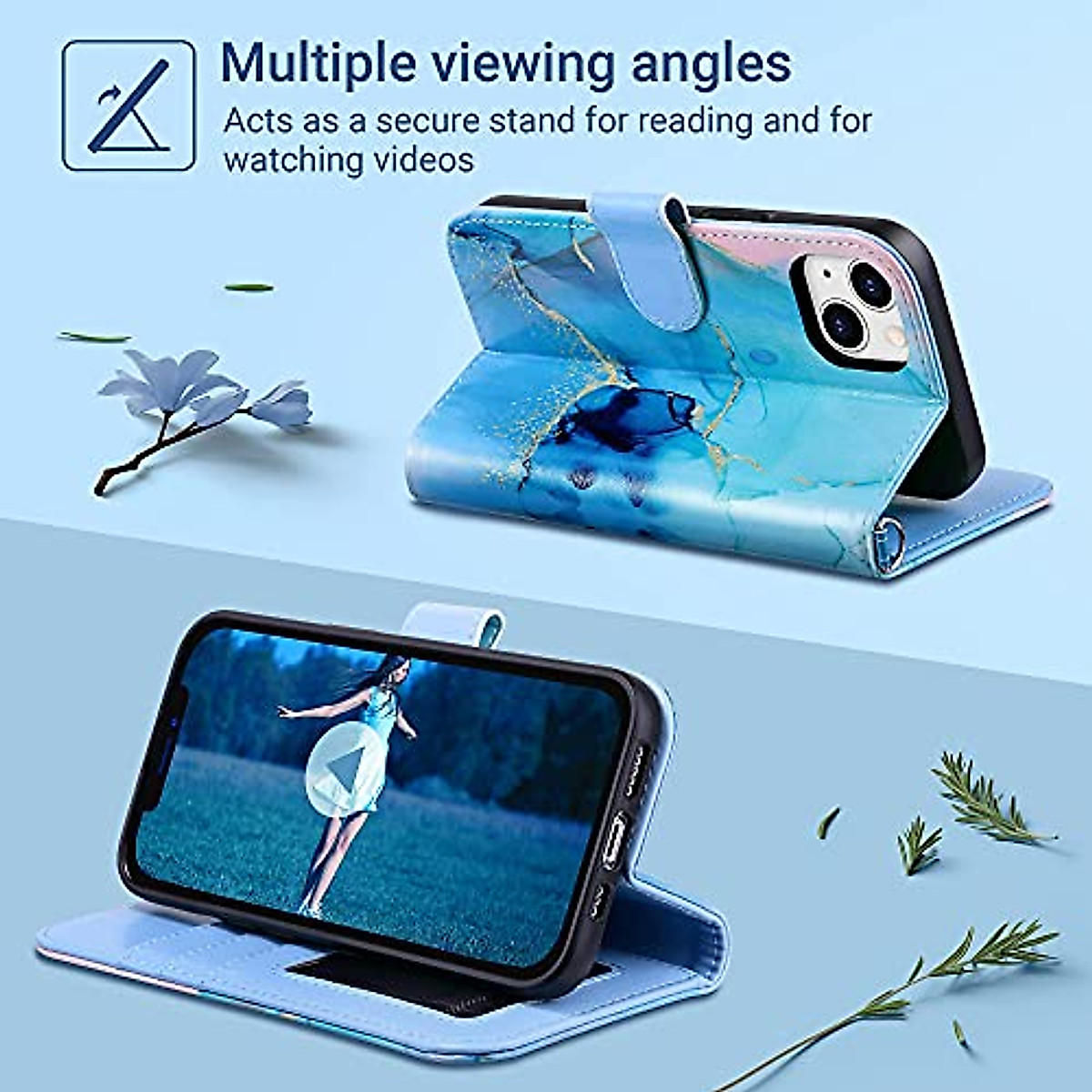 ULAK Compatible with iPhone 13 Wallet Case for Women, Premium PU Leather Flip Cover with Card Holder and Kickstand Feature Protective Phone Case Designed for iPhone 13 6.1 Inch, Blue Marble