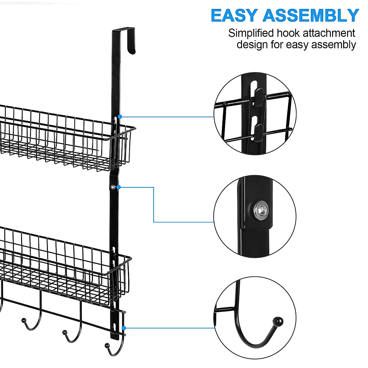 NEX Over The Door Hooks Organizer Hanger, Coat Hooks Towel Rack with 2 Mesh Basket 5 Hooks Hanging Storage Spice Rack Rustproof for Bathroom Bedroom Kitchen Back of Door Storage Shelves, Black