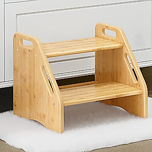 AMBIRD Wooden Step Stool, Two Step Stools Toddler 300 lbs Capacity with Safety Non-Slip Pads and Handles, Bamboo Step Stool for Bathroom, Kitchen Step Stools Dual Height Step Stools for Kids (Natural)