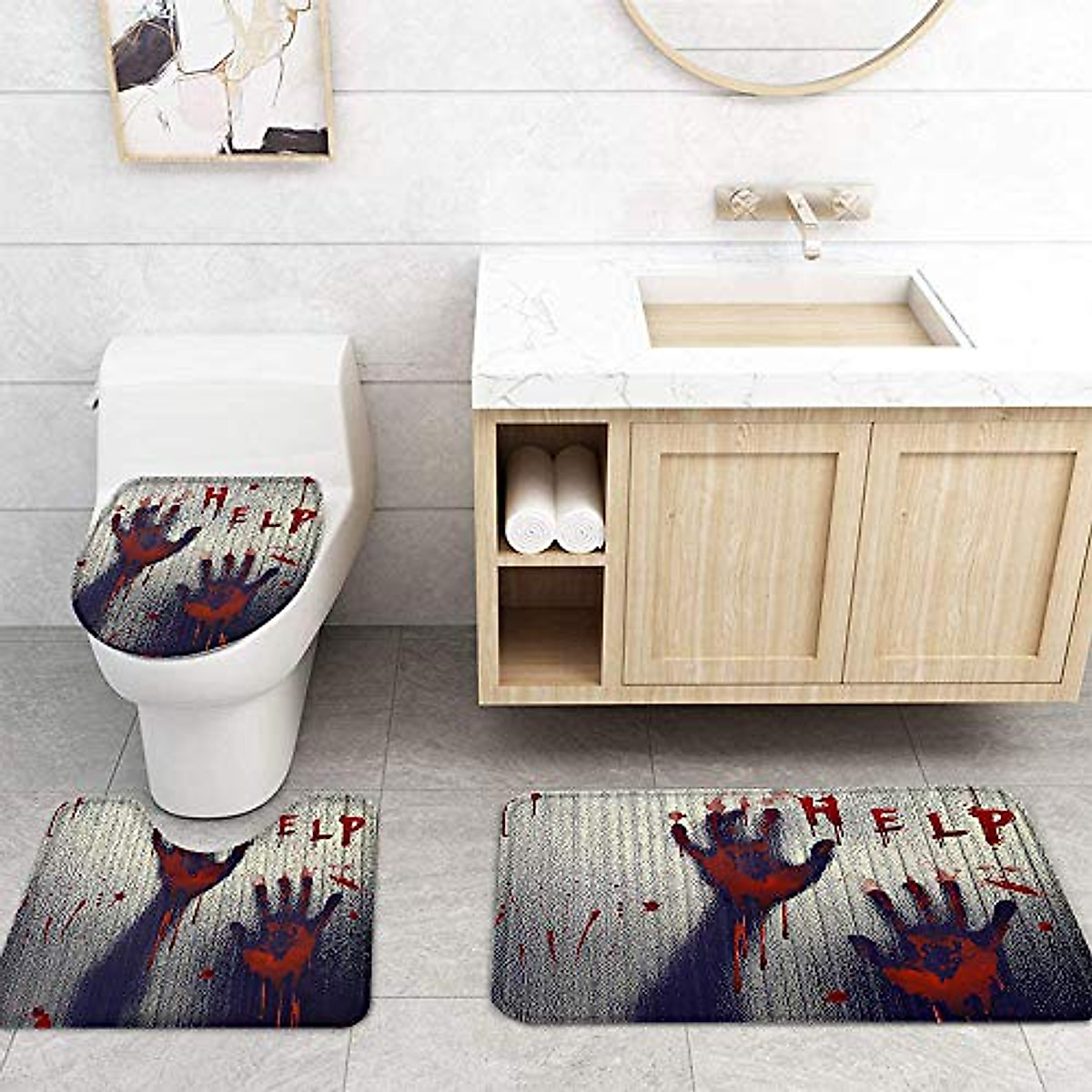 BestLives Halloween Shower Curtain Sets with Rugs Help with Bloody Hands Non-Slip Soft Toilet Lid Cover for Bathroom Zombie Themed Scary 4 Pcs Bathroom Sets with Bath Mat and 12 Hooks