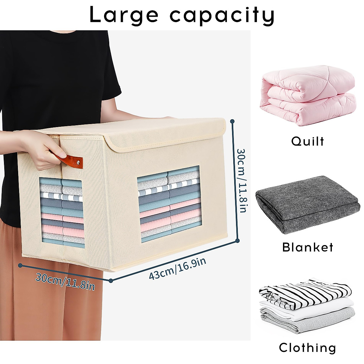 Storage Bins for Clothes, 40L Large Collapsible Stackable Closet Organizer Containers, Storage Boxes with Lids,Storage Cube Basket, Clear Windows & PU Leather Handles, Pack of 3,17x12x12 Inch
