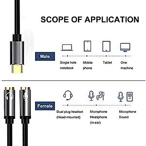 Yeung Qee USB C Headsets Adapter Y Splitter with Separate Headphone and Microphone Plugs Type C Stereo Audio Male to Dual Female Headphone Mic Y Splitter Cable Adapter (6ft)