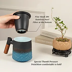 TEEVEA Tea Cup with Infuser and Lid, Ceramic Steeping Mug with Rosewood Handle, 15.2 Ounces Loose Leaf Tea Cup,Black & Blue