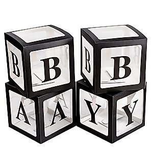 4pcs Transparent Baby Boxes,Clear Balloon Boxes Backdrop with 16 Letters,Transparent Baby Shower Blocks for Boys and Girls 1st Birthday Party, Gender Reveal Party Decorations (Black)
