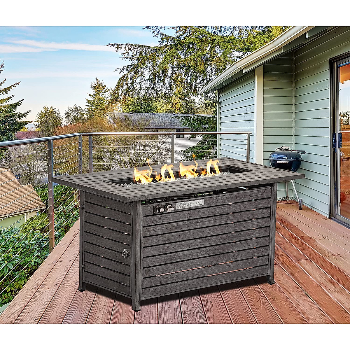 HOMPUS Outdoor Propane Fire Pit, 46-inch x 25-inch Rectangle 40,000 BTU Auto-Ignition Propane Fire Pit Table w White fire Glass and Rain Cover for Outside Leisure Party