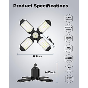 toberich LED Garage Light Bulb - 120W 12000LM Shop Lights with 4+1 Deformable Panels, 6500K Screw in Ceiling Lights for Garage, Workshop, Workbench, Basement (1 Pack)