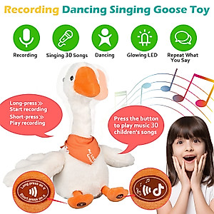 13" Talking Dancing Goose Swan Stuffed Animal Repeating What You Say Mimicking Recording Plush Baby Toy Musical English Song Singing Glowing Animated Twisting Gift Toy for Boy Kid