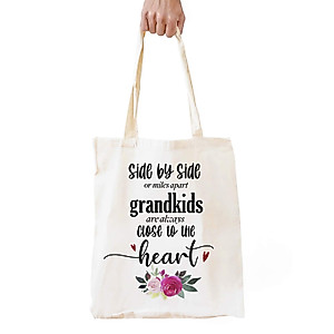 Best Grandma Gifts from Grandson and Granddaughter Funny Side by Side Grandkids Grandma Natural Cotton Reusable Tote Bag Shopping Bag Shoulder Bag Gifts for Birthday/Thanksgiving/Christmas