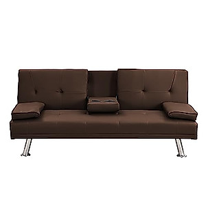 Anwickhomk Modern Upholstered Convertible Folding Futon Sofa Bed, Convertible Sleeper Sofa, Couch, Loveseat with Metal Legs,2 Cupholders,Removable Armrests for Compact Living Space (Brown)